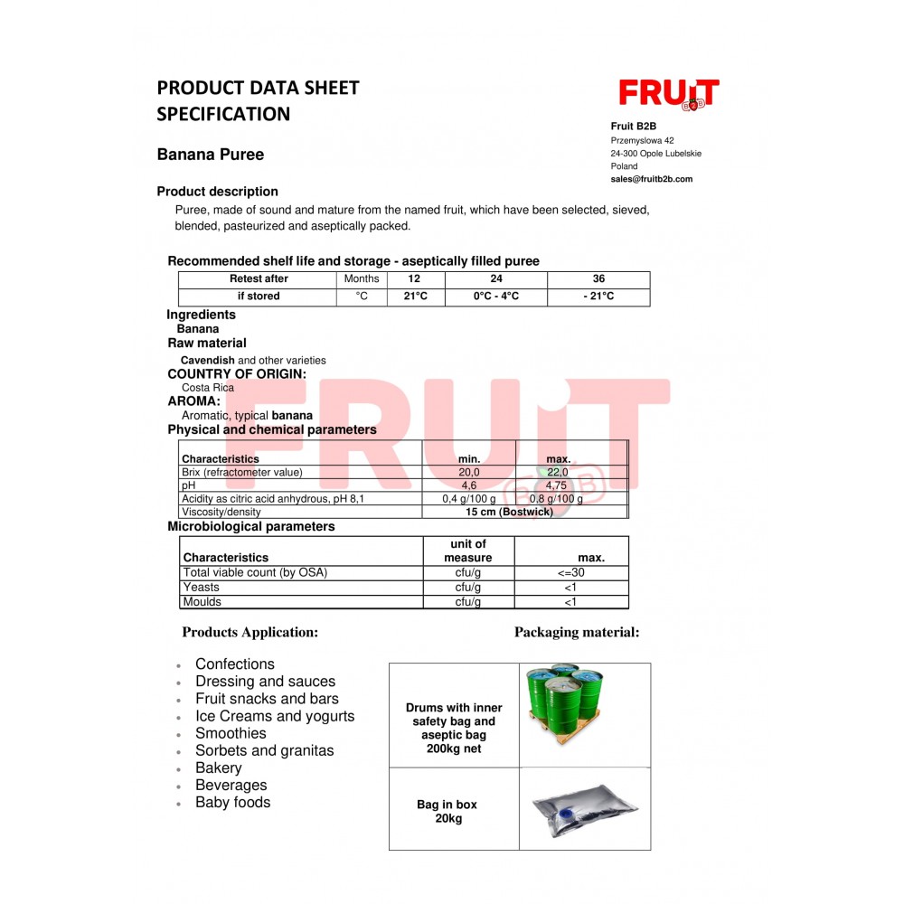 Banana Aseptic Fruit Puree Drum 200 Kg - aseptically filled